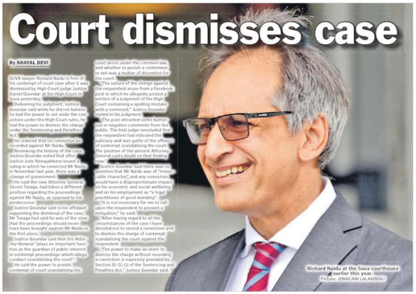 Fiji judge dismisses lawyer Richard Naidu’s guilty conviction over ...
